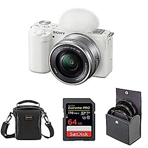 Sony ZV-E10 Mirrorless Camera with 16-50mm Lens, White Bundle with 64GB SD Memory Card, Shoulder Bag, 40.5mm Filter Kit