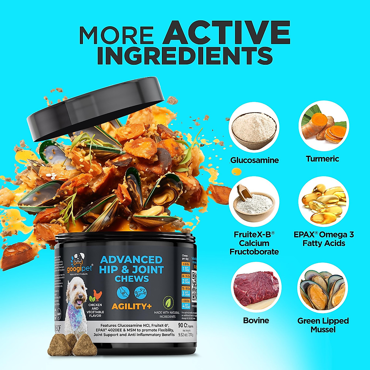 Googipet Hip and Joint Supplement for Dogs - Glucosamine for Dogs – Soft Chews w/Green Lipped Mussels for Dogs, Turmeric for Dog Arthritis & Mobility for All Ages & Breeds