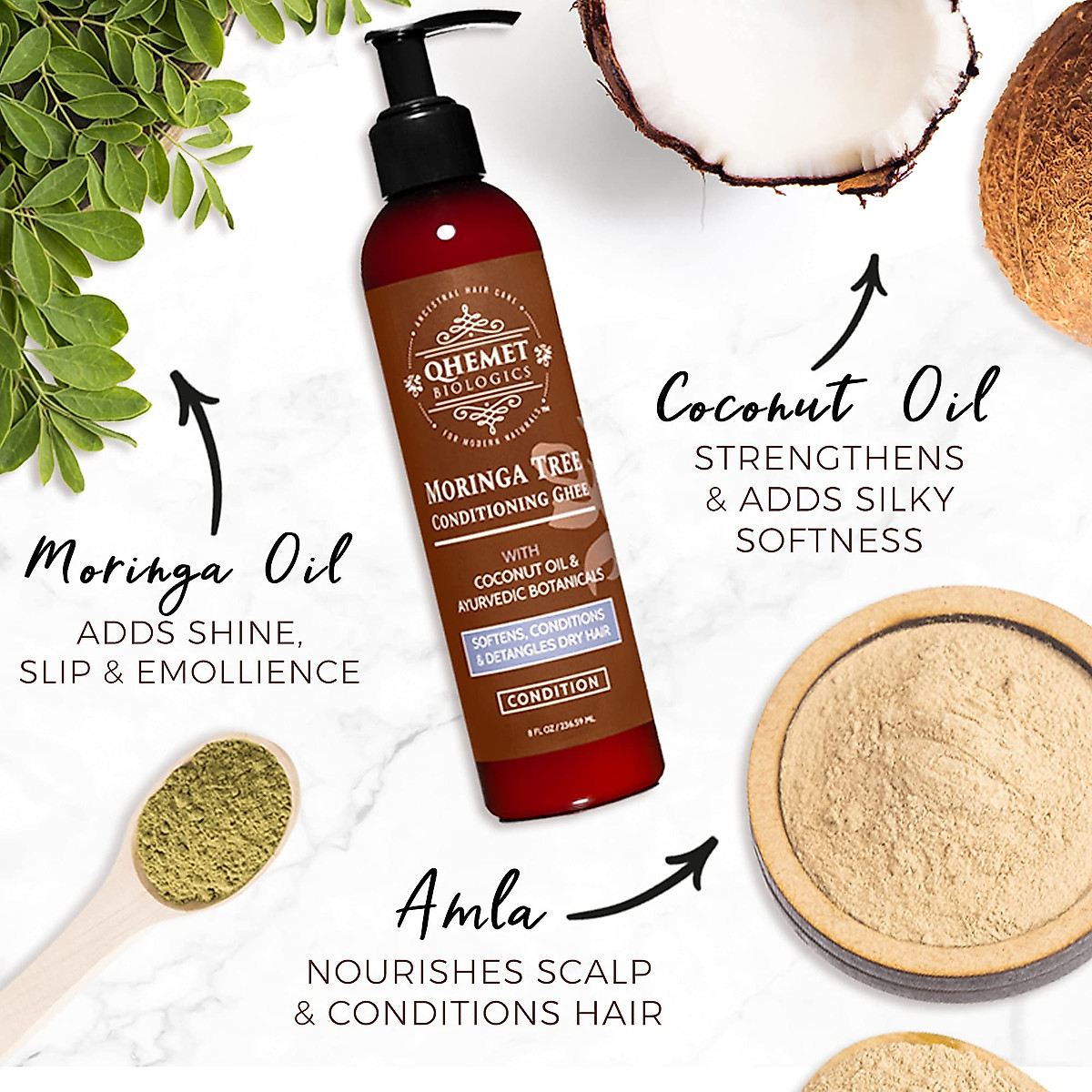 Qhemet Biologics Moringa Tree Conditioning Ghee - Lightweight Detangling Condition - Softens Moderately Dry Hair Without Weighing Down - Perfect for Stretching Tight Kinks & Coils (8 oz)