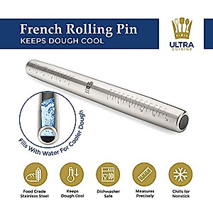 French Rolling Pin for Baking by Ultra Cuisine – Tapered Stainless Steel Design, Adjustable Weight, Professional or Home Use with Pizza, Cookie, Pastry Dough, Fondant & Pie Crust –Dishwasher-Safe