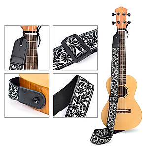 CLOUDMUSIC Tenor Concert Soprano Baritone Ukulele Strap Coloful Hawaii Floral Jacquard For Adult Size And Kids(Black Leaves)