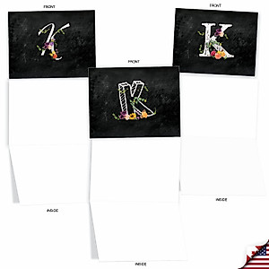 The Best Card Company - 10 Initial Letter K Assorted Blank Notecards, Floral Monogramed Personal Stationery w/Envelopes Bulk Box Set 4 x 5.12 Inch Thank You Notes - K Chalk and Roses M3795OCB-B1x10