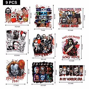9 Sheets Halloween Iron on Transfers for T-Shirts,Halloween Heat Transfer Vinyl,Horror Movie Iron on Patches Sticker Halloween Iron on Decals for T-Shirt Clothes DIY