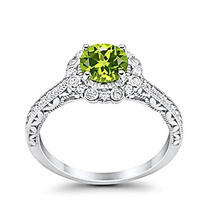 Blue Apple Co. Art Deco Filigree Halo Wedding Engagement Bridal Ring Solid Round Simulated Peridot 925 Sterling Silver, Size-8
