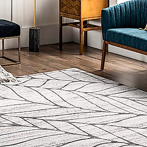 nuLOOM Lanette Abstract Leaves Machine Washable Ultra Thin Area Rug, 4' x 6', Light Grey