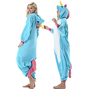 DarkCom Polar Fleece Unicorn Onesie Christmas Pajamas Unisex Adult Cosplay Halloween Costume (Blue) Small