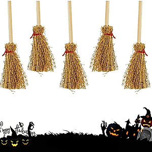20pcs Mini Straw Brooms with Red Ropes Miniature Artificial Broom Halloween Straw Craft Decoration for Costume Cosplay Halloween Party Decorative Accessory Hangings Decorations