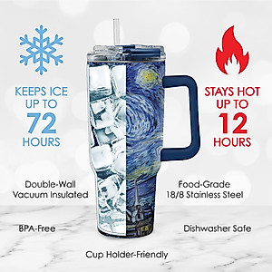 RainCaper 18/8 Stainless Steel Insulated Water Tumbler with Straw | 30oz, BPA-Free, Double Wall for Hot & Cold | Travel-Friendly, Cup Holder Ready (van Gogh Starry Night)