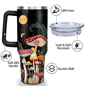 thmasamwr Mushroom Tumbler with Lid and Straw, Stainless Steel Mushroom 40oz Tumbler with Handle, Black Mushroom Travel Coffee Mug Mushroom Gifts Cups for Women and Men