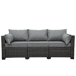 3-Seat Patio PE Wicker Couch Furniture Outdoor Brown Rattan Sofa with Washable Cushions(Grey)