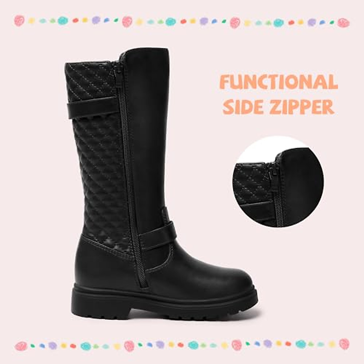 Athlefit Girls Riding Boots Fashion Buckle Side Zipper Knee High Boots for Toddler/Little Kid/Big Kid Black Size 2
