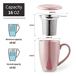 Jemirry Tea Cup with Infuser and Lid, Ceramic Cup with Lid, Tea Cup Tea Mug for Tea Lover, Porcelain Tea Strainer Cup, Tea Infuser Cup with Infuser Basket and Lid - Pink