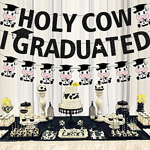 Cow Graduation Banner Holy Cow I Graduated Banner, Cow Congrats Graduation Decoration with Black Cap Pre-assembled Class Of 2023 Graduation Party Decoration Supplies for High School College
