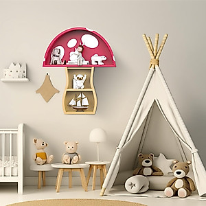 Ybenlld Floating Wooden Mushroom Shelf, Bathroom Shelves,Mushroom Decor,Wall Shelves for Nursery Living Room,Bedroom,Bathroom(Red+Wood)