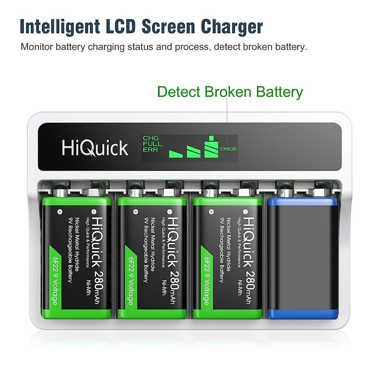 HiQuick 9 Volt Charger, 4 Bay LCD 9V Charger for 9V NiMH NiCD Li-ion Rechargeable Battery