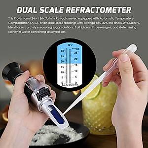 2-in-1 Brix Salinity Refractometer, Professional Brix Refractometer with ATC, and Dual Scale 0-32% Brix & 0-28% Salinity with ATC Sodium Chloride in Food Salt Seawater Brine Beer fruits Cutting Liquid
