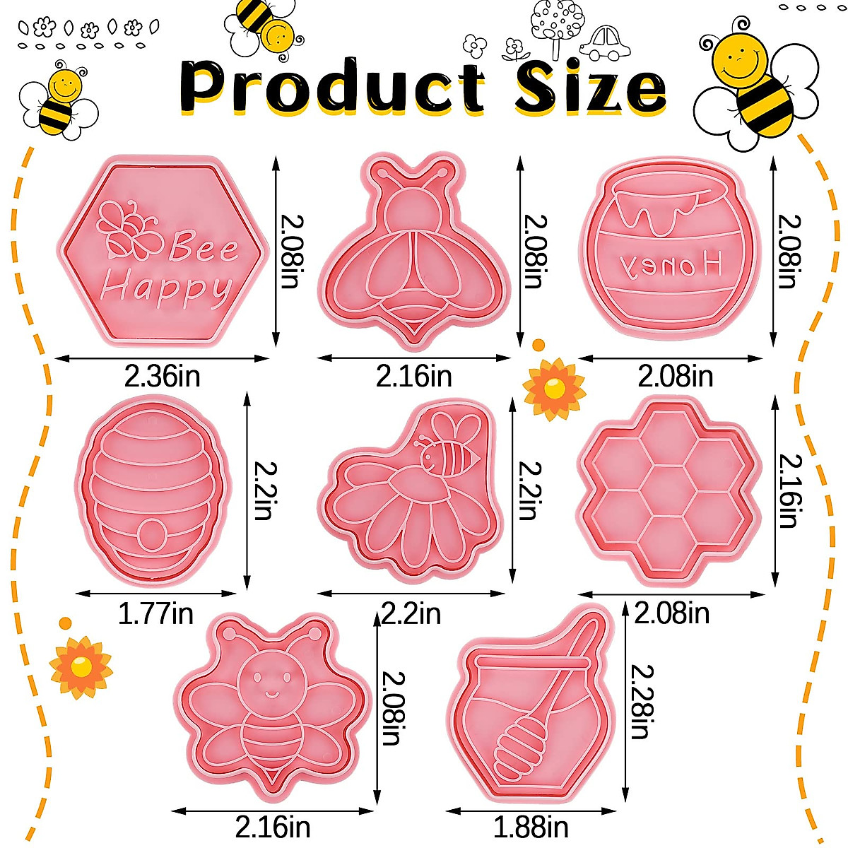 8 Pcs Insect Cookie Cutters with Plunger Stamps Set 3D Butterfly Bee Shape Biscuit Cutter Funny Cartoon Cookie Stamps Embossed Cookie Cutters for Treats DIY Baking Cookie Supplies (Bee Theme)