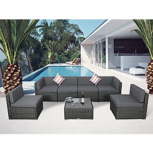 7 Piece Outdoor Patio Furniture Set with Cushions, PE Rattan Wicker Modular Outdoor Sectional L Shape Patio Conversation Sofa Set with Coffee Table, and Two Pillows (Light Gray/Gray)