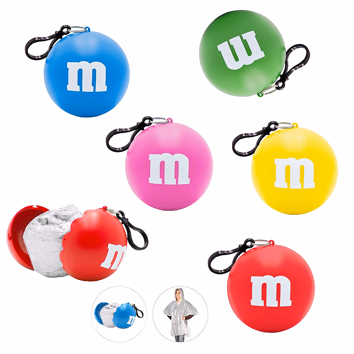 M&M's Poncho Ball Keychain Party Favors Bundle ~ 5 Pack"One Size Fits Most" Emergency Raincoat in Keychain Ball with Hook