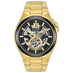 Bulova Men's Classic Maquina Gold Tone Stainless Steel 3-Hand Automatic Watch, Skeleton Dial Style: 98A178