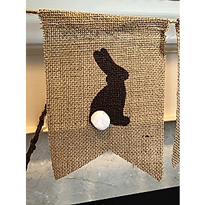 Happy Easter Burlap Banner Garland - Bunny Rabbit & Fluffy Tail Design - Ready to Hang Wall Decor - Complete with Hanging Ribbon Decoration - by Jolly Jon