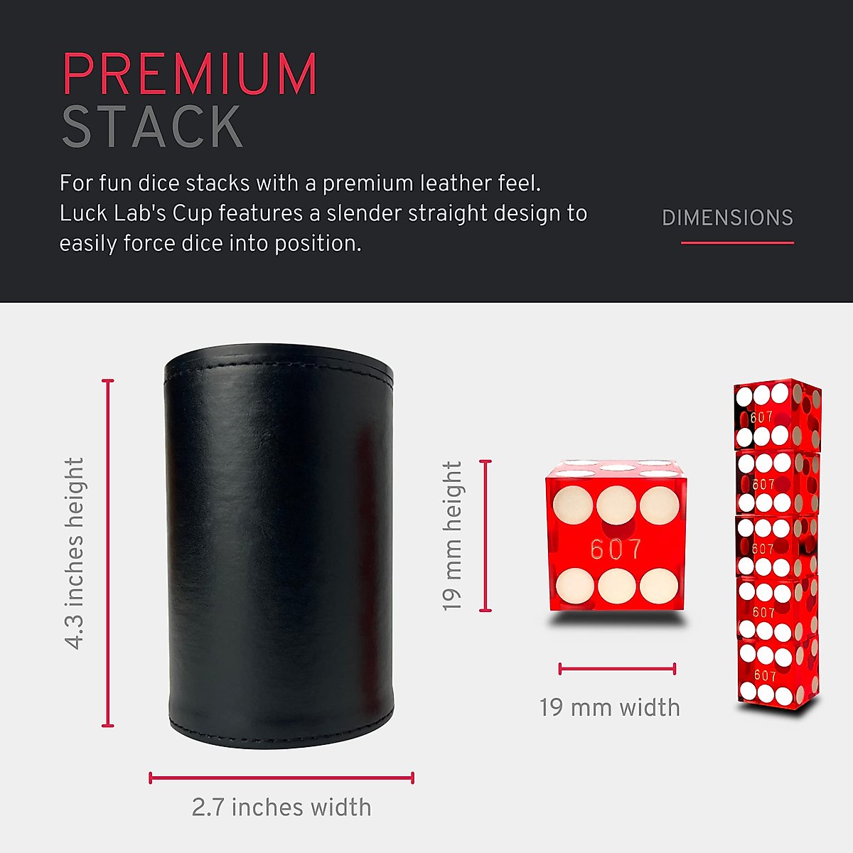 Luck Lab Black Leather Dice Stacking Cup with 5 Serialized Razor Edge 19 mm Casino Dice - Pro Straight Cup for Stacking and Magic Tricks (Red Dice)
