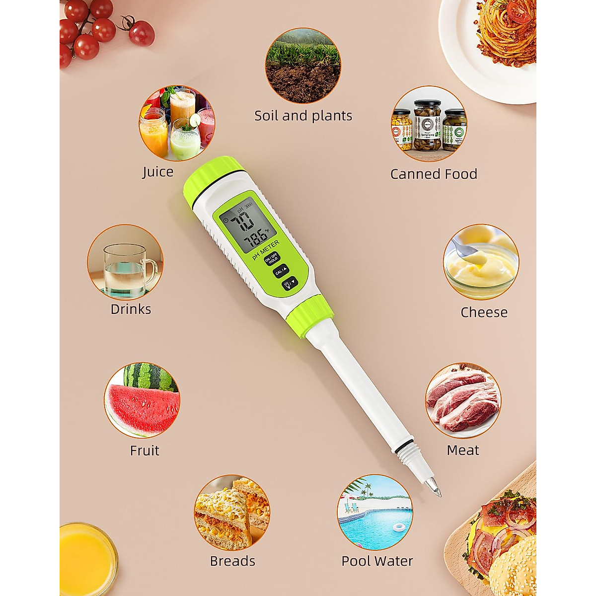 Tadeto Multifunctional Digital pH Meter for Food, High Precision Garden Soil pH Test Kit with LCD ℃/℉ Display for Plant/Solution, Water and Food pH Tester for Meat, Bread, Cheese,Water, Pool