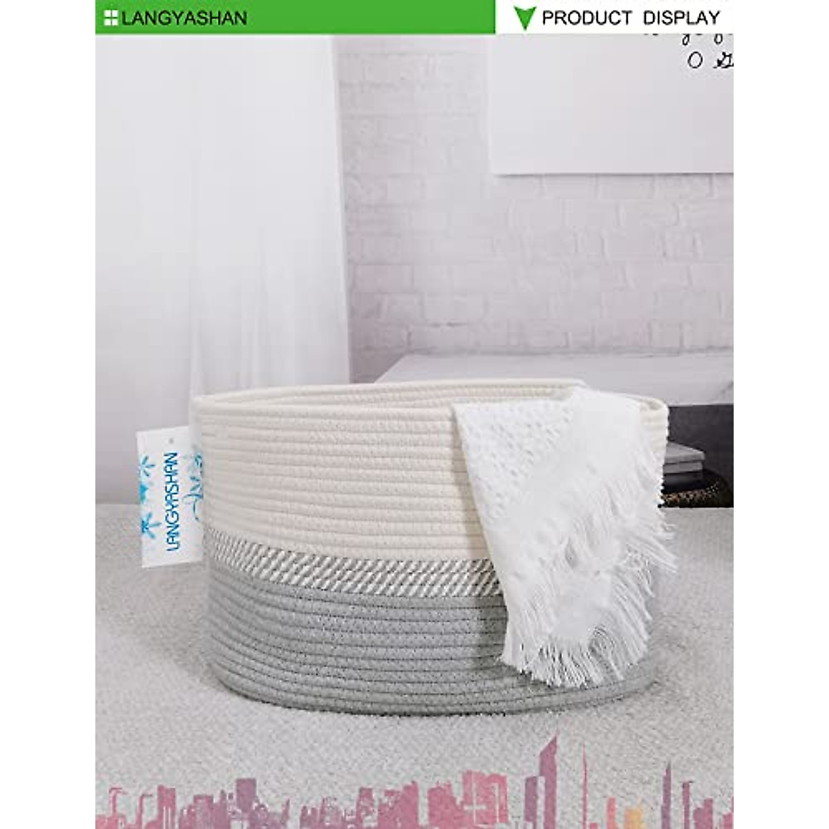 LANGYASHAN Rectangular Woven Rope Basket Decorative Blanket Basket for Living Room Storage or Nursery Laundry Basket Basket with Invisible Handles Laundry Hamper(Gray Invisible Handle)