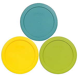 Pyrex 7201-PC 4 Cup (1) Turquoise, (1) Edamame Green, & (1) Meyer Yellow Round Plastic Storage Lid, Made in USA