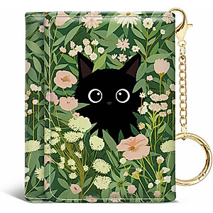 Jogjam Black Cat Floral Womens Wallet, Small Slim RFID Blocking Card Wallets, Cute Trifold PU Leather Card Holder Wallet Organizer, Mini Pocket Cash Wallet with 7 Card Slots ID Window for Girls Ladies