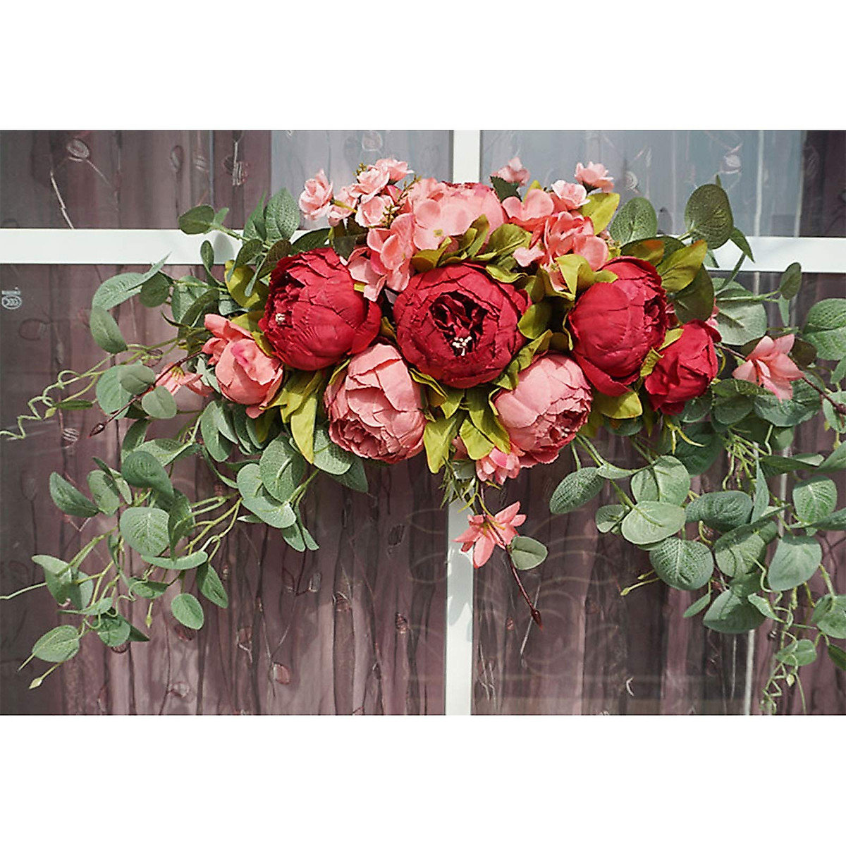 WUHNGD Artificial Flower Swag Wedding Arch Flowers 30 Inch Rose Peony Swag Arch Wreath Centerpiece for Lintel, Green Leaves Door Wreath Garden Home Wall Decoration, Pink Peonies