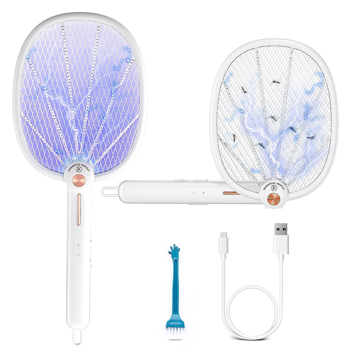 Meilen Electric Fly swatter Racket,2 in 1 Electric Bug Zapper Indoor with 1500mAh Battery,USB Rechargeable Mosquito Zapper with 5 Mosquito Lure lamp Beads,Fly swatter for Indoors（ Brush Included）