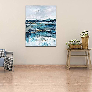 Yihui Arts Abstract Ocean Canvas Wall Art - Blue and Teal Painting with Gold Foil - Modern Coastal Pictures for Living Room Bedroom Kitchen Dinning Decor
