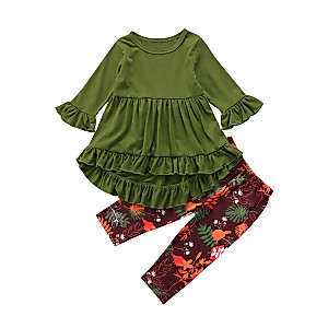 Toddler Little Girls Ruffle Flare Tunic Dress Top Striped Leggings Pants 2PC Fall Winter Outfit Set Clothes (6-7T, Green)