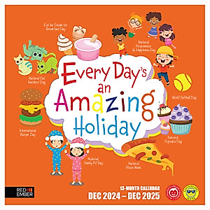 RED EMBER Every Day's An Amazing Holiday 2023 Hangable Monthly Wall Calendar | 12" x 24" Open | Kids Fun Funny | Perfect for Schools Teachers Classrooms | Big Grid Planners for Office