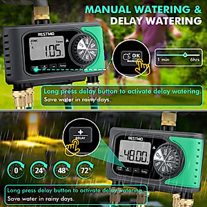 RESTMO 4-Outlet Sprinkler Timer with Brass Inlet, 4 Zone Programmable Water Timer for Garden Hose, Automatic Digital Control | Manual ON/Off | Rain Delay, for Outdoor Faucet, Drip Irrigation and Lawn