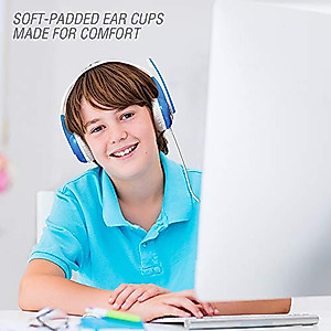 Volkano Kid-Friendly Volume-Controlled Headset, Adjustable Microphone for Elearning, Home School, 5.9 Inch Cable w/Adorable Animal Cable Protector, Smartphones, Computers [Blue] - Chat Junior Series