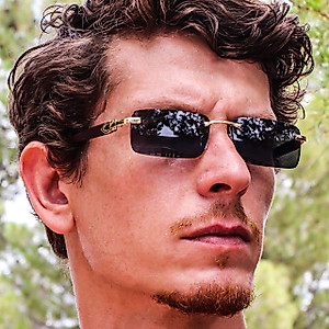 Elite Slim Rimless Rectangular Metal & Wood Art Aviator Sunglasses (Black)