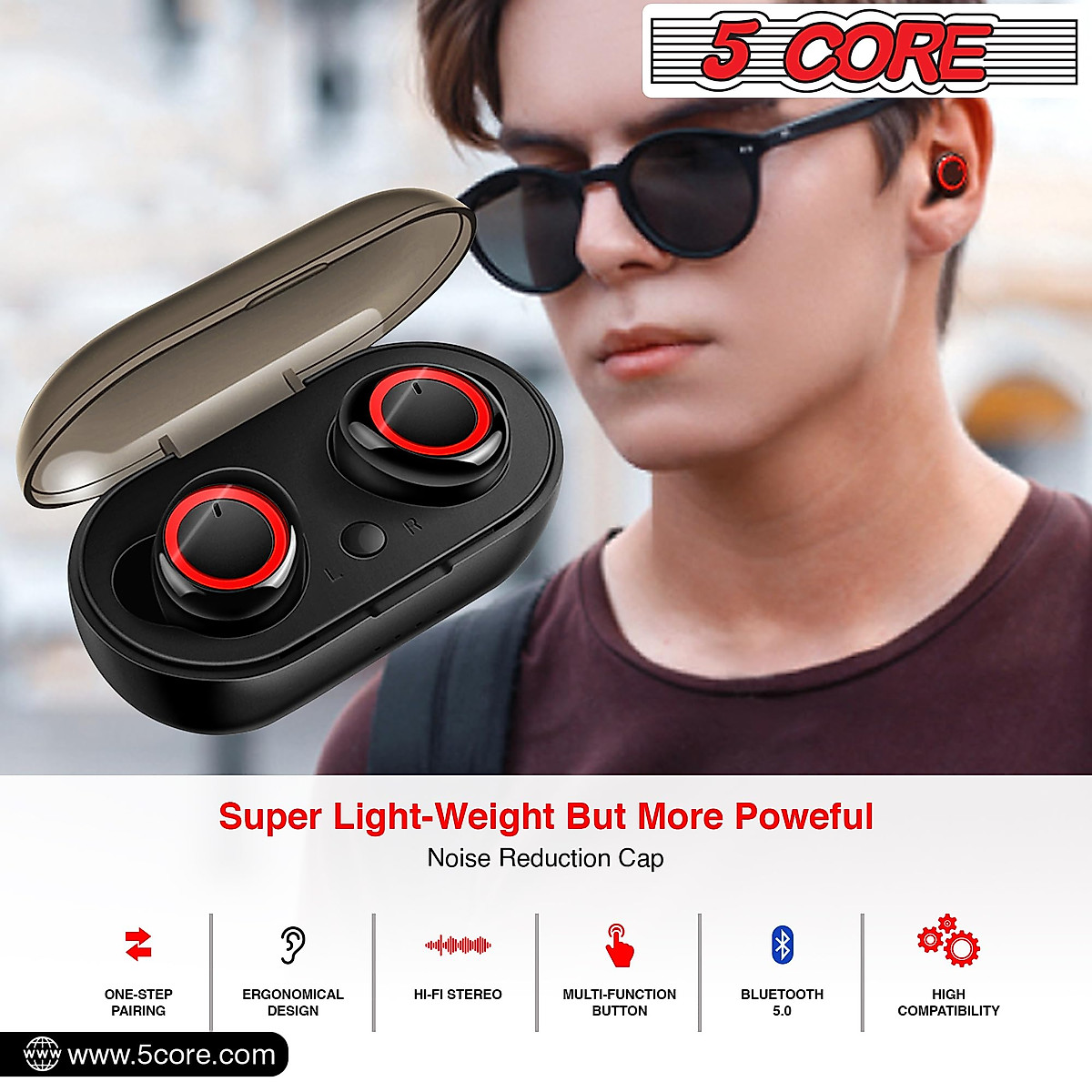 5 CORE Wireless Ear Buds • Mini Bluetooth 5.0 Noise Cancelling Earbud Headphones w Stereo Sound IPX8 Waterproof for Sports Workout EP01