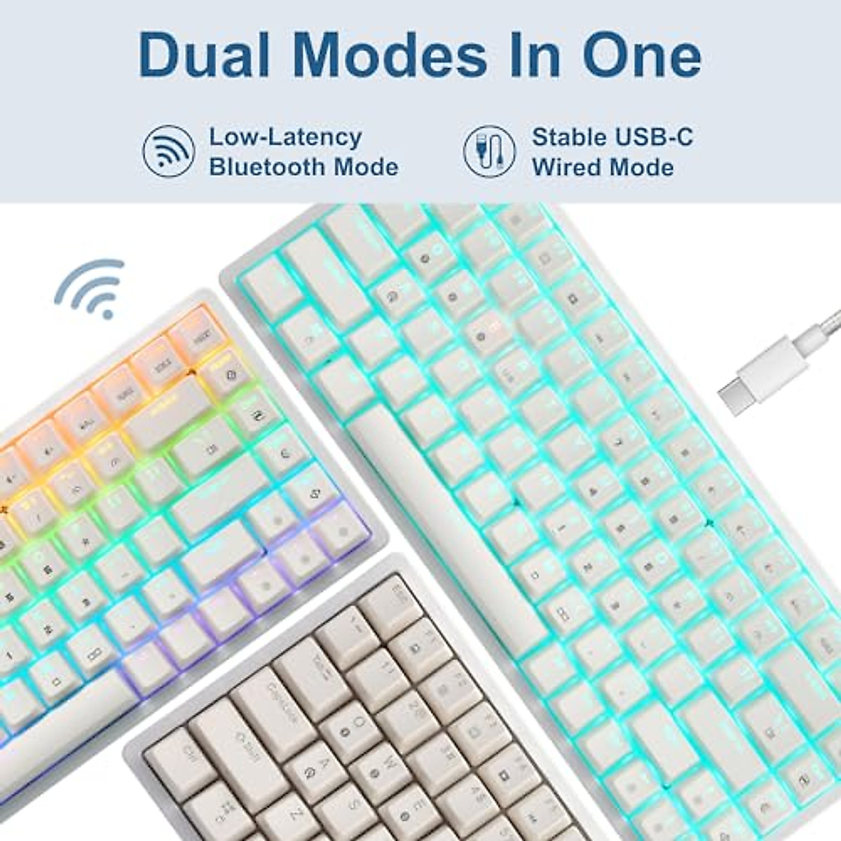 HUO JI Wireless Mechanical Gaming Keyboard, Programmable RGB Backlit, Bluetooth 5.0, Red Switches, 84 Keys, Wired 60% Keyboard for iPad, iMac Android/Windows Tablet Laptop Desktop, White