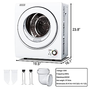 Euhomy 110V Compact Laundry Dryer, 1.5 cu.ft Front Load Stainless Steel Clothes Dryers with Stainless Steel Tub, Control Panel Downside Easy Control for 4 Automatic Drying Mode, White