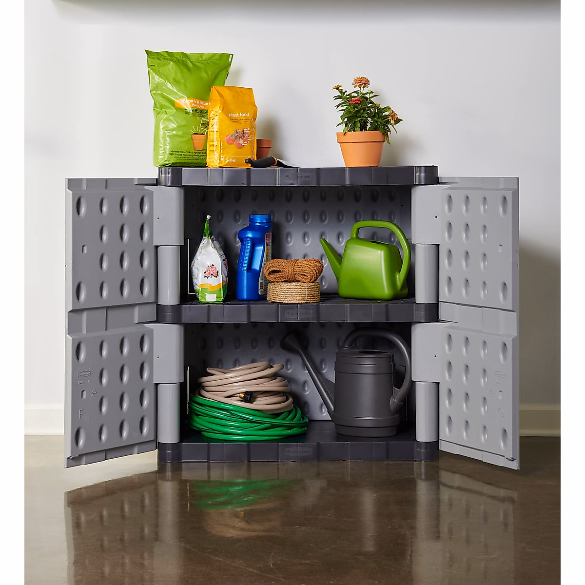 Rubbermaid Freestanding Storage Cabinet with Doors, 18"D x 36"W x 37"H, Medium, Gray/Black, Two-Shelf Lockable Cabinet for Indoor/Outdoor/Garage Storage for Garden Tools/Lawn Care Accessories