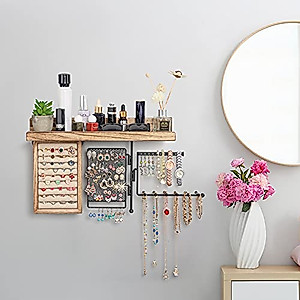 SOLIMINTR Hanging Jewelry Organizer Wall Mount Jewelry Holder with Rustic Wood Shelf, Ring Display Box, Ear Studs Earring Holder, Rotating Necklace Holder Organizer