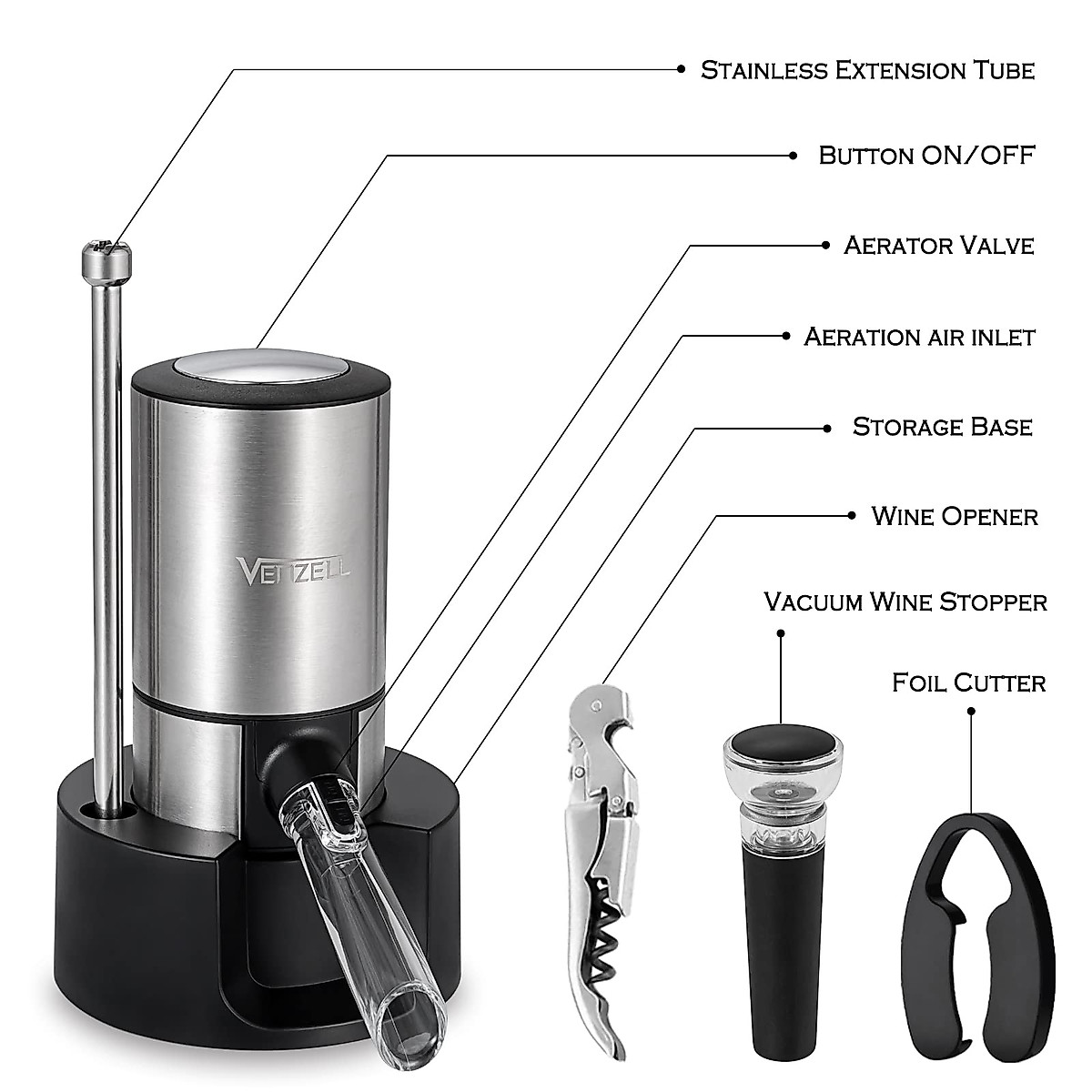 Wine Pourer,VENZELL Electric Wine Aerator Pourer, One-Button Smart Wine Decanter with Wine Opener, Automatic Wine Decanter with Vacuum Wine Stopper,Wine Decanter and Dispenser, Pump Aeration Pourer