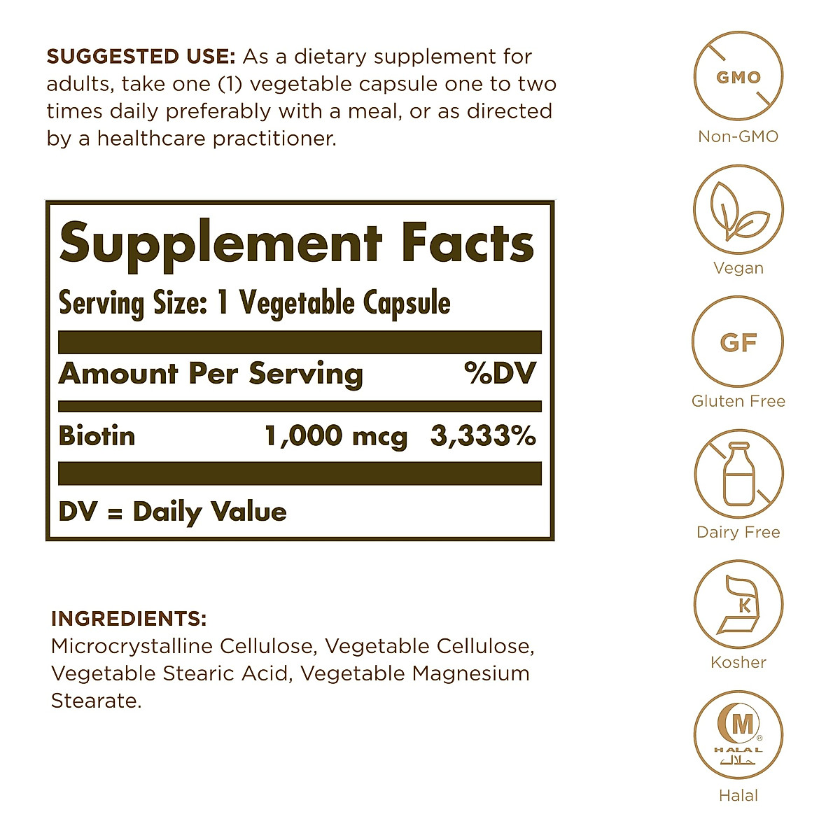 Solgar Biotin 1000 mcg - 100 Vegetable Capsules - Supports Healthy Skin, Nails & Hair - Non-GMO, Vegan, Gluten Free, Dairy Free, Kosher, Halal - 100 Servings