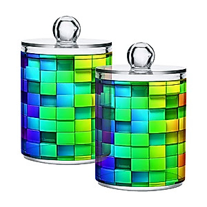 ALAZA Colorful Boxes Rainbow 2 Pack Qtip Holder Dispenser 14 Oz Clear Plastic Apothecary Jar Containers Jars Bathroom for Cotton Swab, Ball, Pads, Floss, Vanity Makeup Organizer