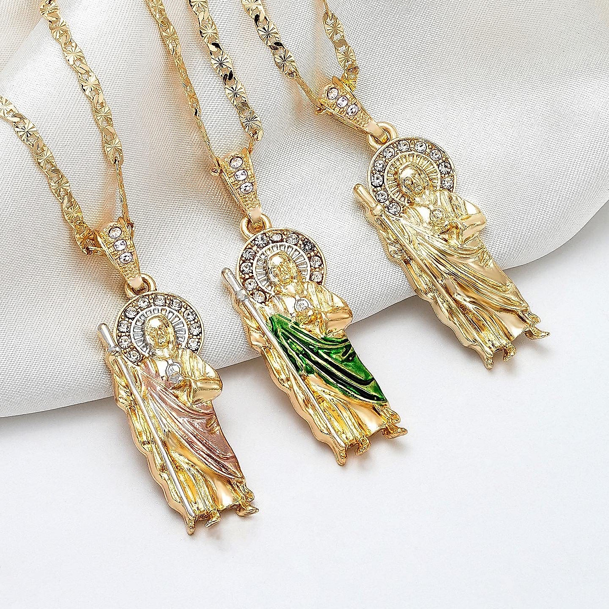 Saint Jude CZ Necklace 14K Gold Plated San Judas Medalla Cadena Oro Laminado San Judas Necklace (22” Inch, Gold)