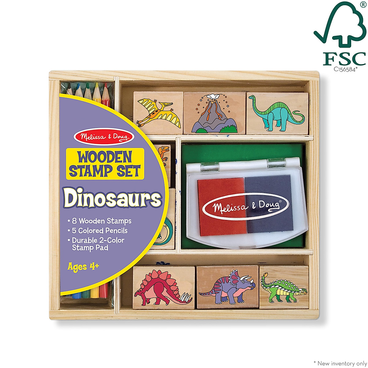 Melissa & Doug Wooden Stamp Set: Dinosaurs - 8 Stamps, 5 Colored Pencils, 2-Color Stamp Pad - FSC Certified
