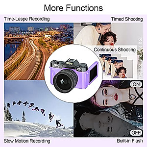 VJIANGER 4K Digital Camera 48MP Vlogging Camera for YouTube with 3.0’’ 180° Flip Screen, WiFi, 16X Digital Zoom, 52MM Wide Angle & Macro Lens, 2 Rechargeable Batteries, 32GB Micro SD Card(Purple31)
