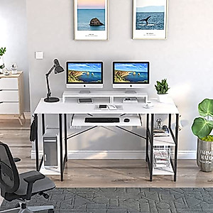 White Desk with Keyboard Tray, 55 INCH Desk with Storage Shelves Modern Computer Desks for Home Office Study Desk with Monitor Shelf Industrial PC Desk Studio Desk with Iron Hooks, Easy to Assemble